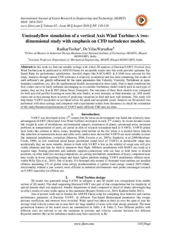 (PDF) Unsteady flow simulation of a vertical Axis Wind Turbine: A two- dimensional study with ...