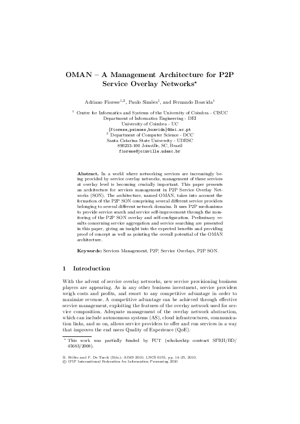 (PDF) OMAN - A Management Architecture for P2P Service Overlay Networks