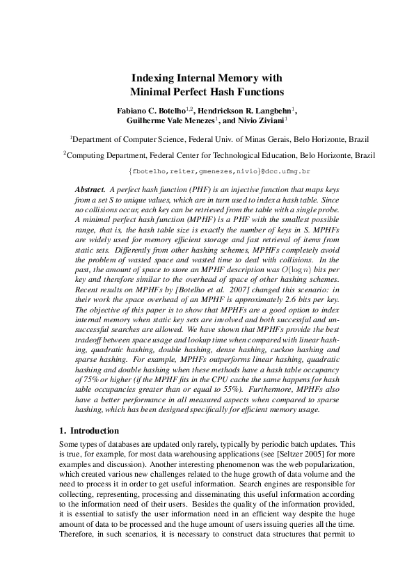 Pdf Indexing Internal Memory With Minimal Perfect Hash Functions