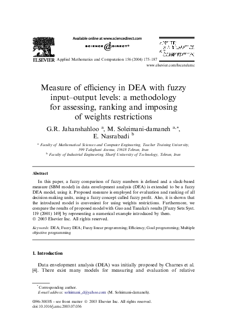 Pdf Measure Of Efficiency In Dea With Fuzzy Input Output Levels A