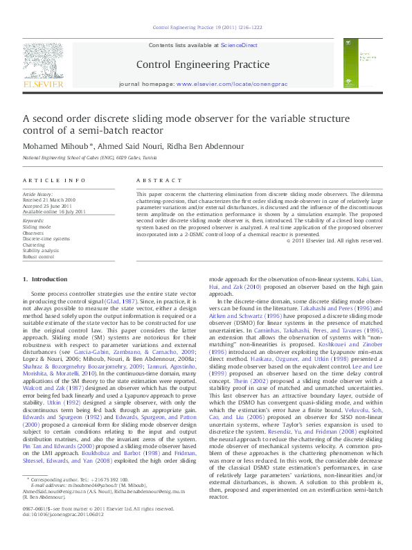Pdf A Second Order Discrete Sliding Mode Observer For The Variable Structure Control Of A Semi