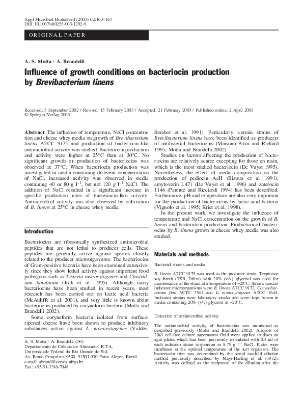 Pdf Influence Of Growth Conditions On Bacteriocin Production By Brevibacterium Linens