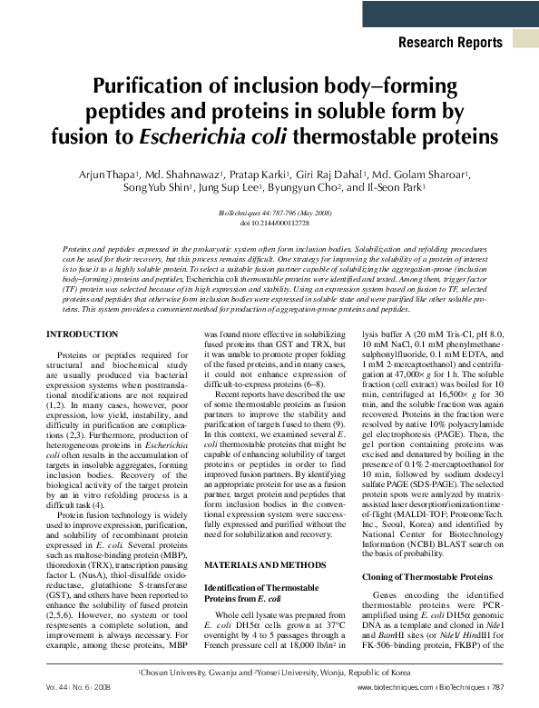 (PDF) Purification of inclusion body—forming peptides and proteins in ...