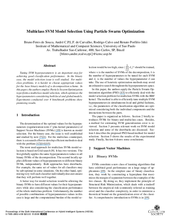 Pdf Multiclass Svm Model Selection Using Particle Swarm Optimization