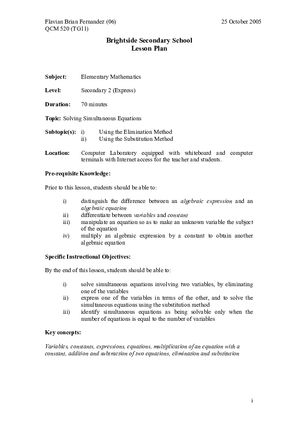 (DOC) Brightside Secondary School Lesson Plan