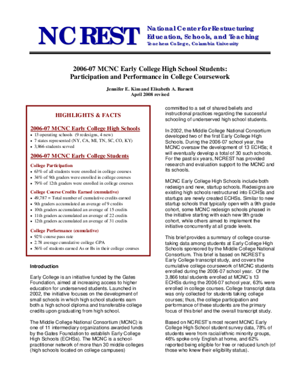 (PDF) 2006-07 MCNC Early College High School Students: Participation ...