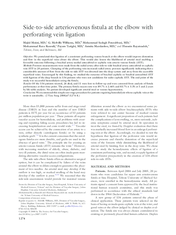(PDF) Side-to-side arteriovenous fistula at the elbow with perforating ...