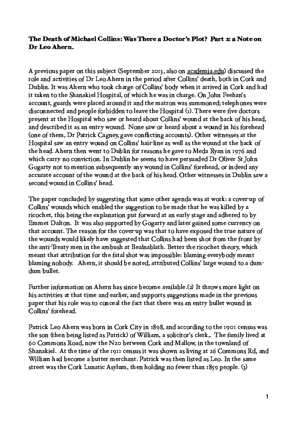 (PDF) The Death of Michael Collins: Was There a Doctors' Plot? Part 2 ...