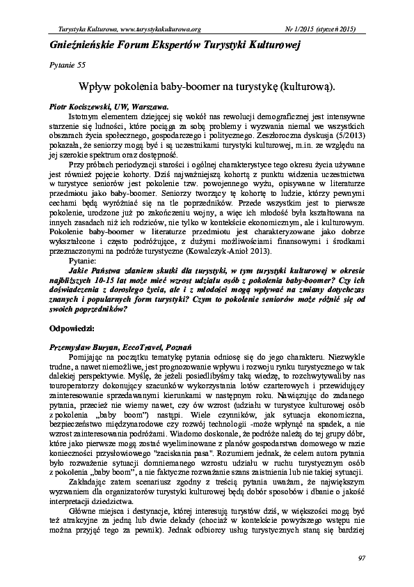 (PDF) Wpływ pokolenia baby-boomer na turystykę (kulturową)