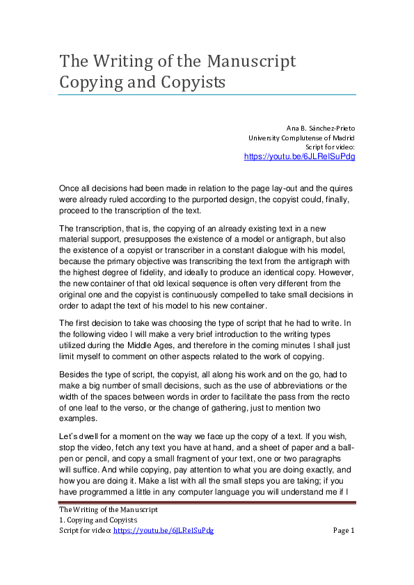 (PDF) Writing Manuscripts. Copying and Copyists
