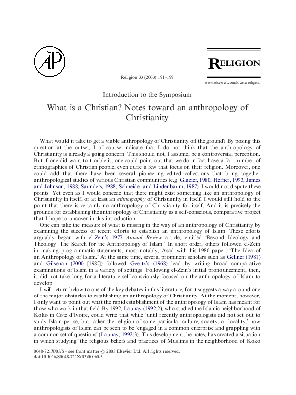 (PDF) What is a Christian? Notes toward an anthropology of Christianity