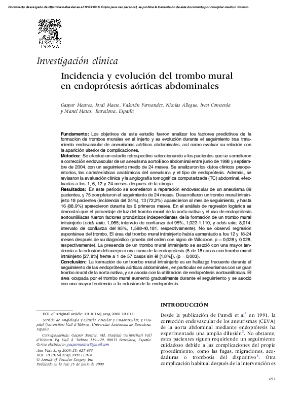 (PDF) Incidencia y evolución del trombo mural en endoprótesis aórticas ...