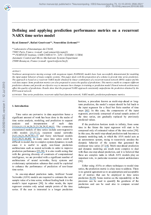 Pdf Defining And Applying Prediction Performance Metrics On A