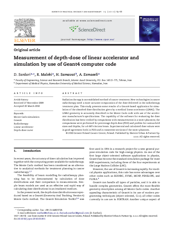 (PDF) Measurement of depth-dose of linear accelerator and simulation by use of Geant4 computer code