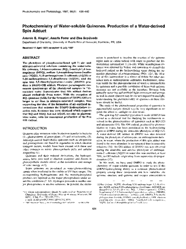 (PDF) Photochemistry of Water-soluble Quinones. Production of a Water ...
