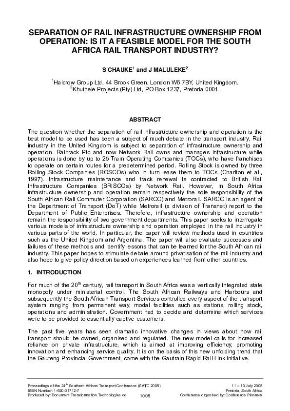 (PDF) SEPARATION OF RAIL INFRASTRUCTURE OWNERSHIP FROM OPERATION: IS IT ...