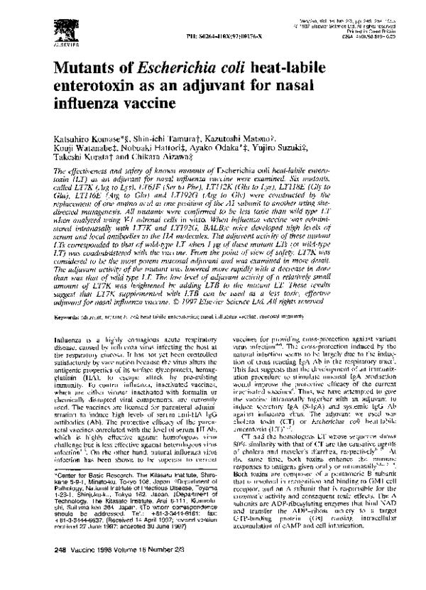 Mutants of Escherichia coli heat-labile enterotoxin as an adjuvant for ...