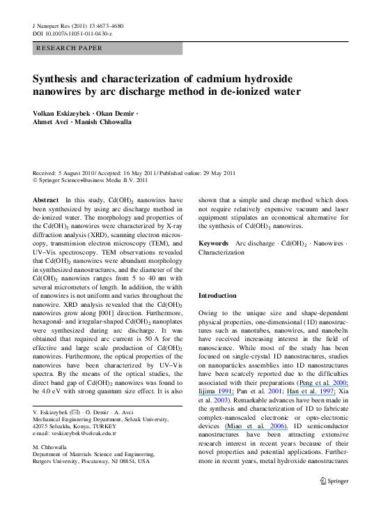 (PDF) Synthesis and characterization of cadmium hydroxide nanowires by ...