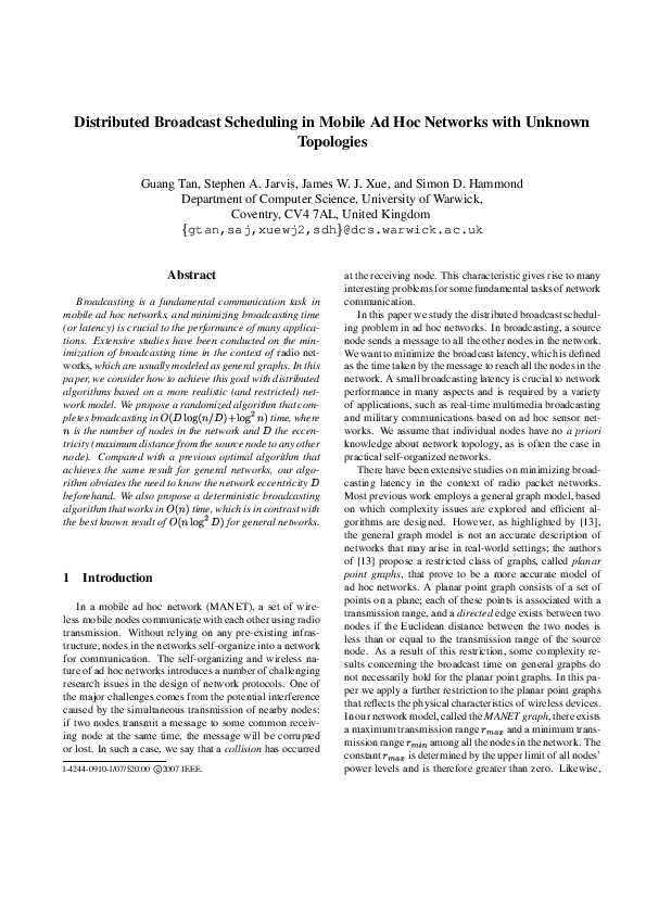 Pdf Distributed Broadcast Scheduling In Mobile Ad Hoc Networks
