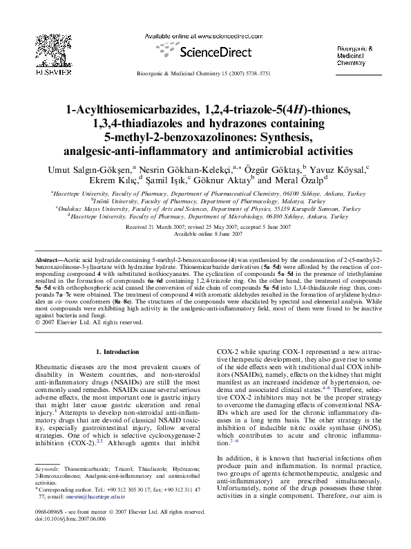 (PDF) 1-Acylthiosemicarbazides, 1,2,4-triazole-5(4 H)-thiones, 1,3,4-thiadiazoles and hydrazones ...
