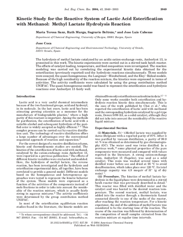(PDF) Kinetic Study for the Reactive System of Lactic Acid ...