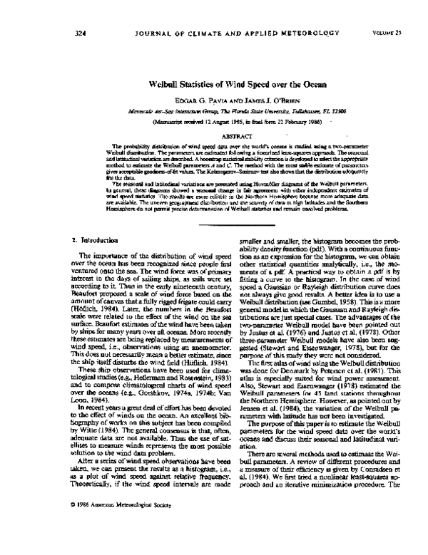 (PDF) Weibull Statistics of Wind Speed over the Ocean