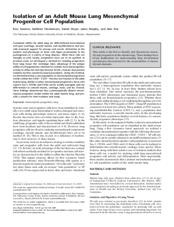 (PDF) Isolation of an Adult Mouse Lung Mesenchymal Progenitor Cell ...