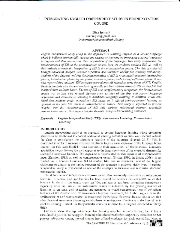 (PDF) INTEGRATING ENGLISH INDEPENDENT STUDY IN PRONUNCIATION COURSE