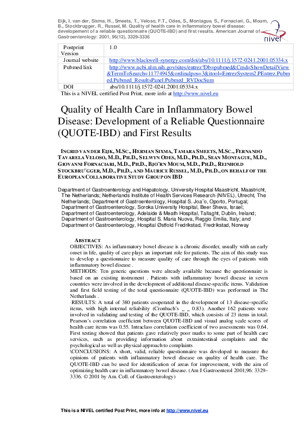 (PDF) Quality of health care in inflammatory bowel disease: development ...