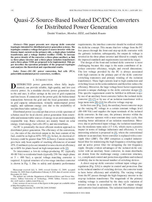 (PDF) Quasi-Z-Source Based Isolated DC/DC Converters for Distributed Power Generation