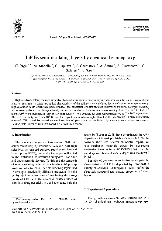 (PDF) InP:Fe semi-insulating layers by chemical beam epitaxy