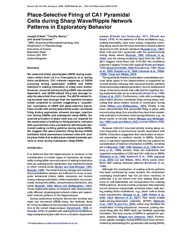 (PDF) Place-Selective Firing of CA1 Pyramidal Cells during Sharp Wave ...