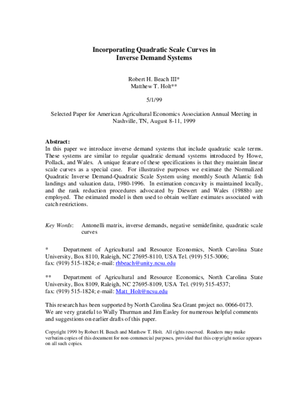 (PDF) Incorporating Quadratic Scale Curves in Inverse Demand Systems