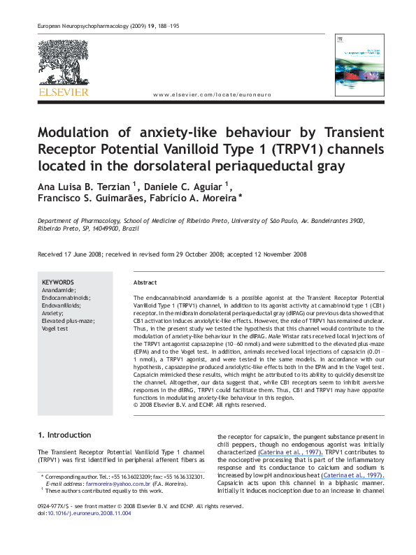 (PDF) Modulation of anxiety-like behaviour by Transient Receptor Potential Vanilloid Type 1 ...