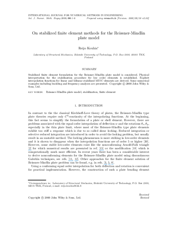 (PDF) On stabilized finite element methods for the Reissner–Mindlin plate model