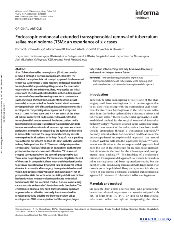 (PDF) Endoscopic, endonasal extended transsphenoidal, transplanum transtuberculum approach for ...