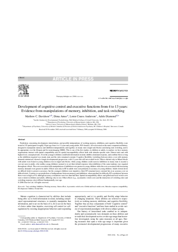 (PDF) Development of cognitive control and executive functions from 4 to 13 years: Evidence from ...