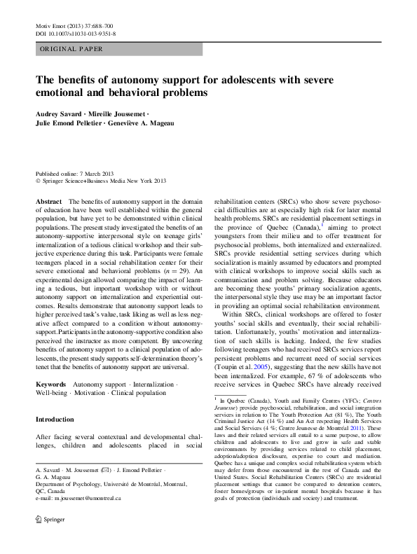 (PDF) The benefits of autonomy support for adolescents with severe ...