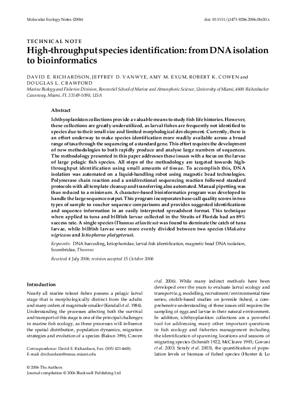 Pdf High Throughput Species Identification From Dna Isolation To Bioinformatics Technical