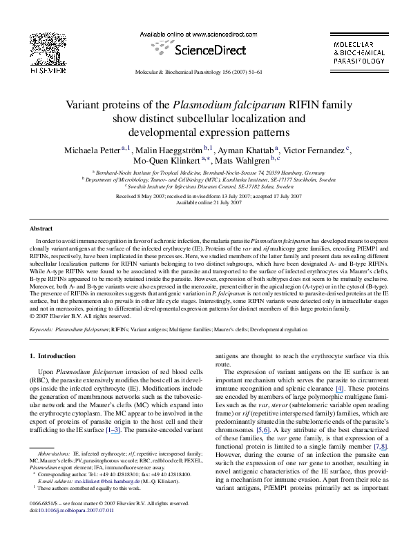 (PDF) Variant proteins of the Plasmodium falciparum RIFIN family show ...
