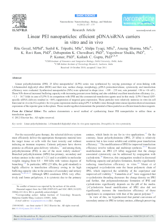 (PDF) Linear PEI nanoparticles: efficient pDNA/siRNA carriers in vitro ...