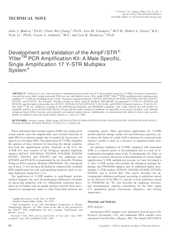 (PDF) Development and Validation of the AmpFlSTRR Yfilertm PCR Amplification Kit: A Male ...