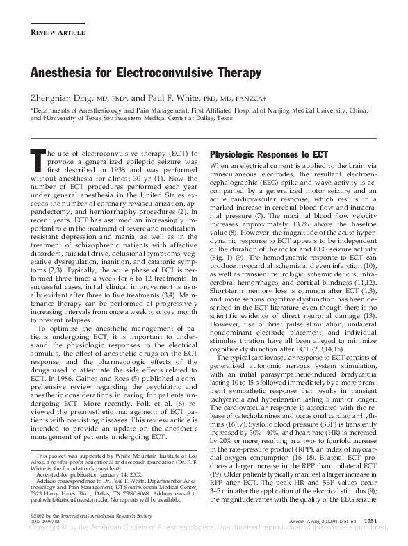 (PDF) ANESTHESIA FOR ELECTROCONVULSIVE THERAPY
