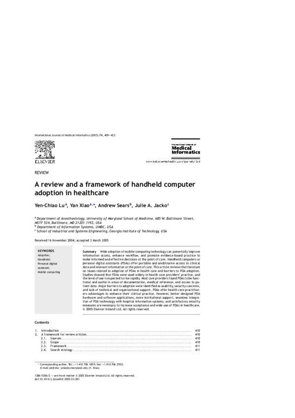 (PDF) A review and a framework of handheld computer adoption in healthcare