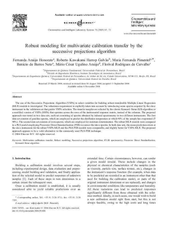 (PDF) Robust modeling for multivariate calibration transfer by the successive projections algorithm