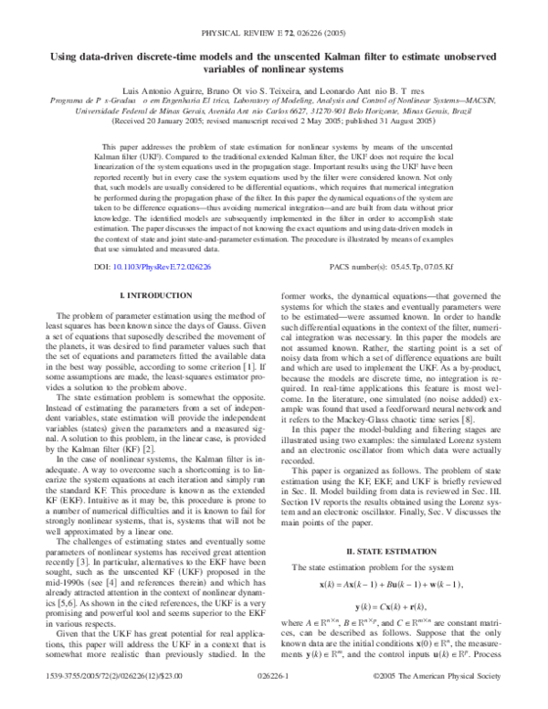 Pdf Using Data Driven Discrete Time Models And The Unscented Kalman