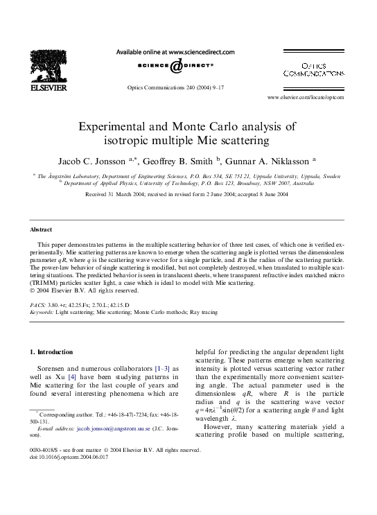 (PDF) Experimental and Monte Carlo analysis of isotropic multiple Mie scattering