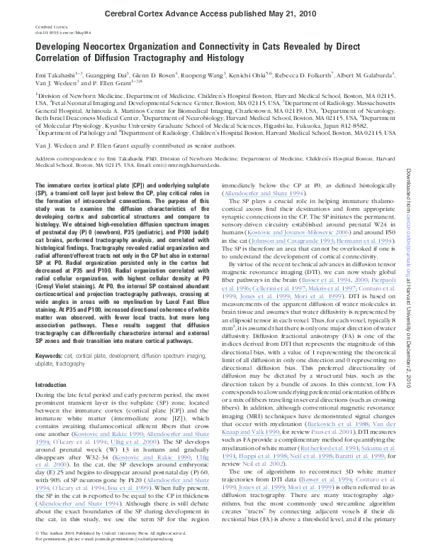 (PDF) Developing Neocortex Organization and Connectivity in Cats Revealed by Direct Correlation ...