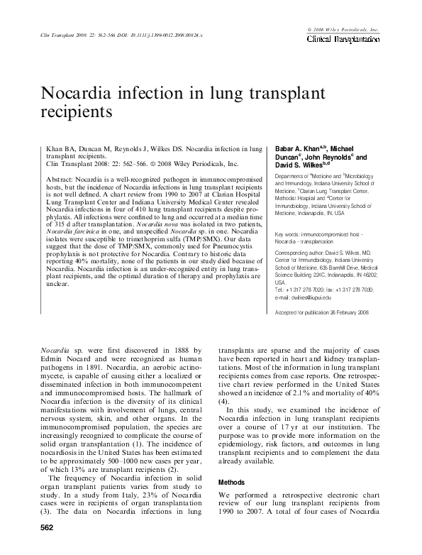 (PDF) Nocardia infection in lung transplant recipients: Nocardia ...