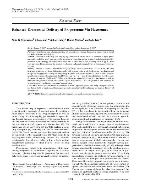 (PDF) Enhanced Oromucosal Delivery of Progesterone Via Hexosomes ...